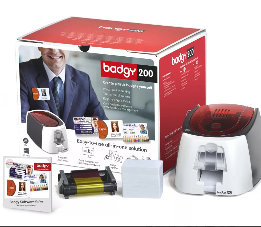 Evolis Badgy 200 Single Sided USB ID Card Printer Bundle